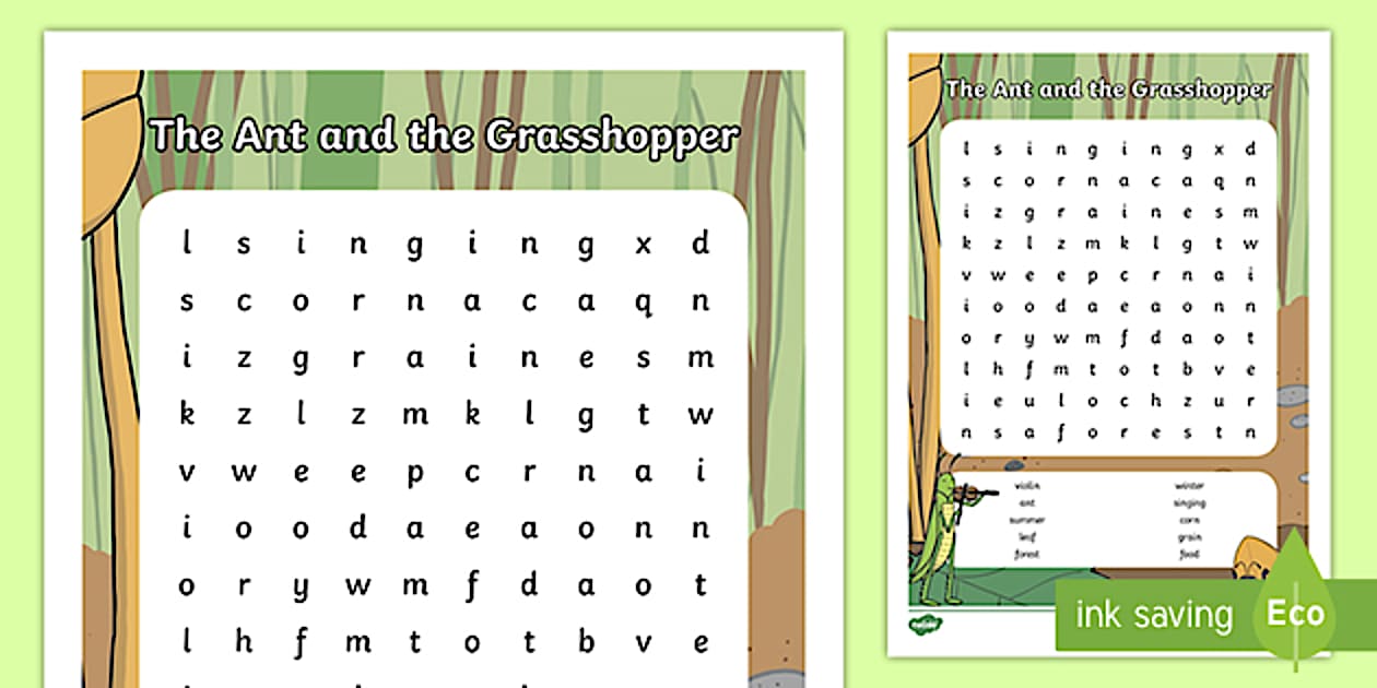 Black and White The Ant and the Grasshopper Word Search
