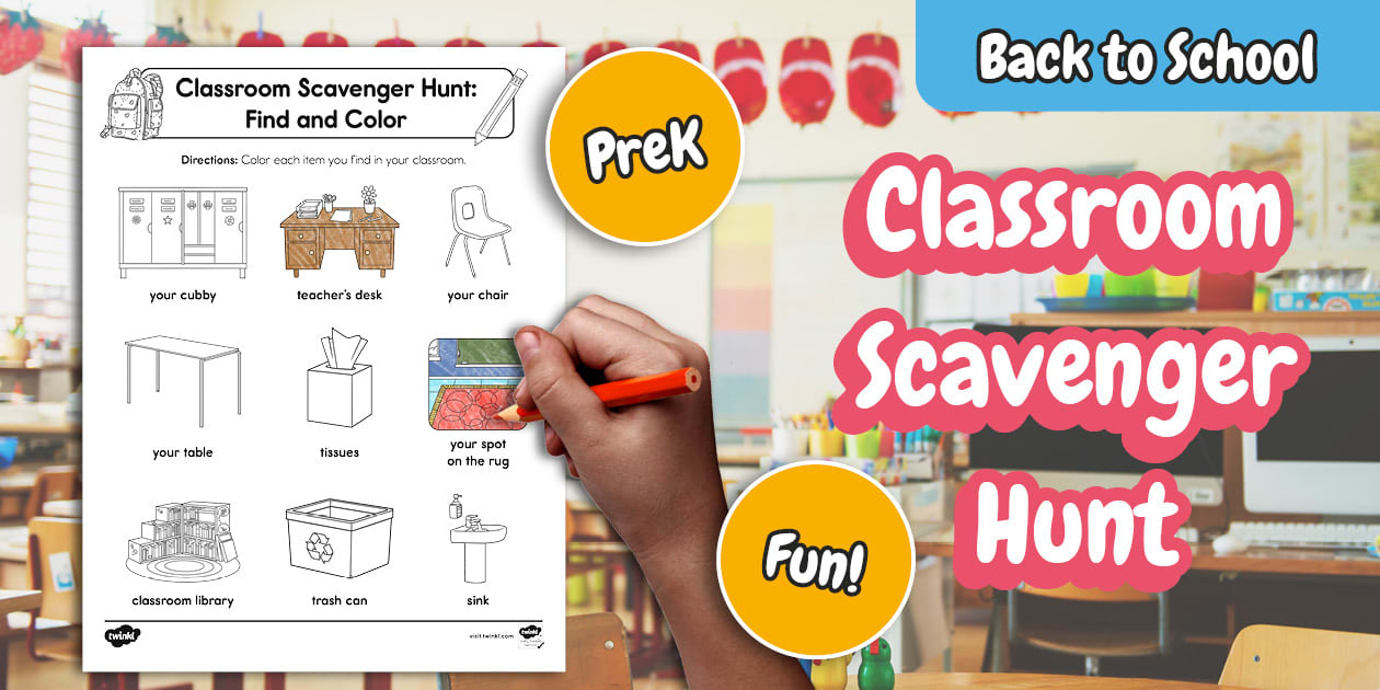 First Day of PreK Classroom Scavenger Hunt Find and Color