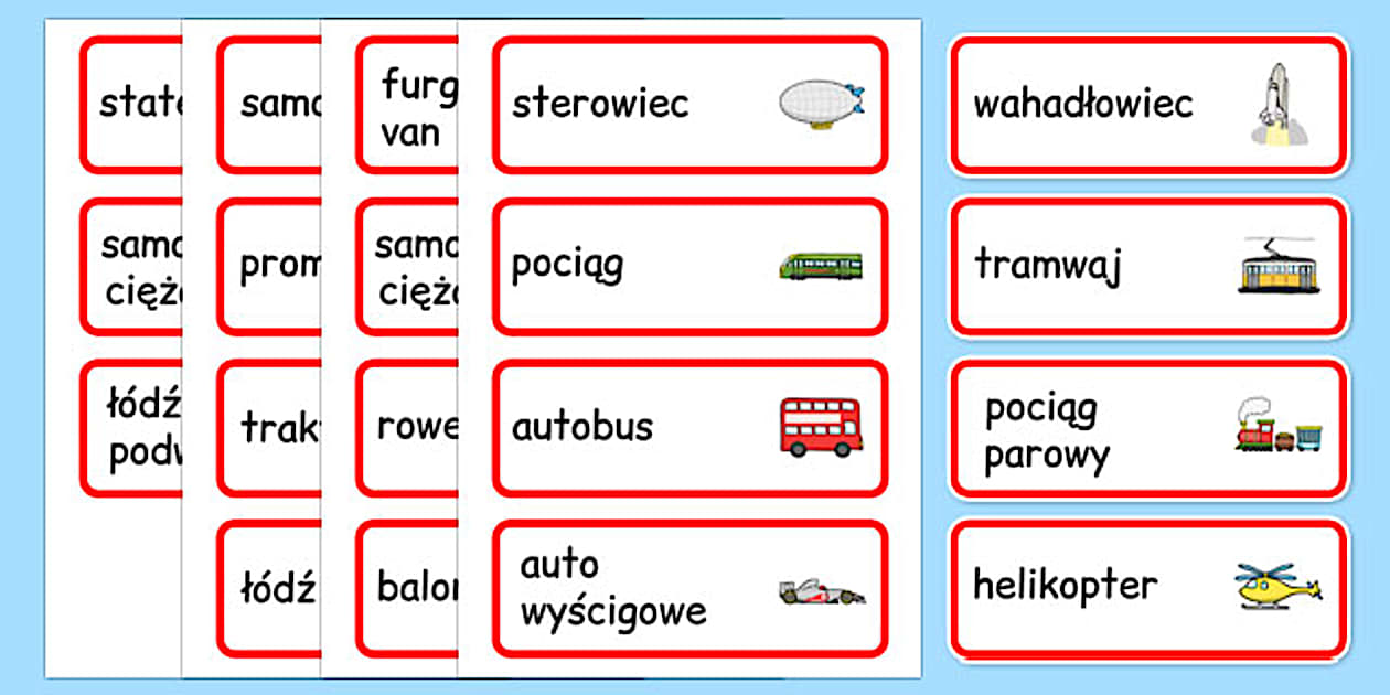 Karty ze słownictwem Transport po polsku (teacher made)