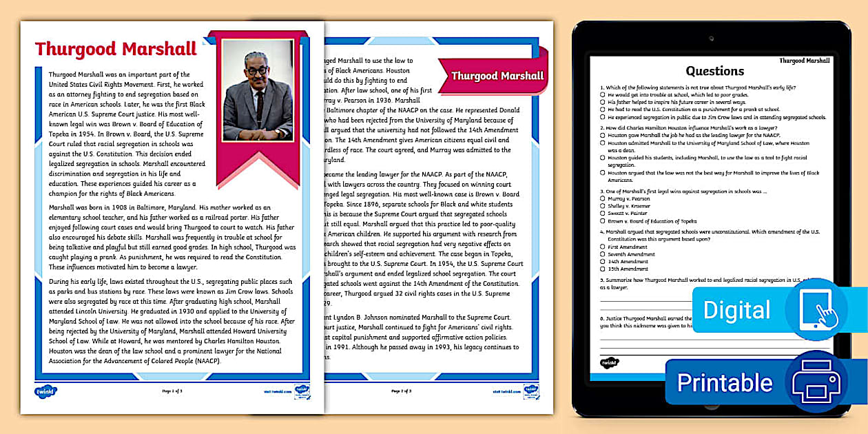 Sixth Grade Thurgood Marshall Reading Comprehension Worksheet