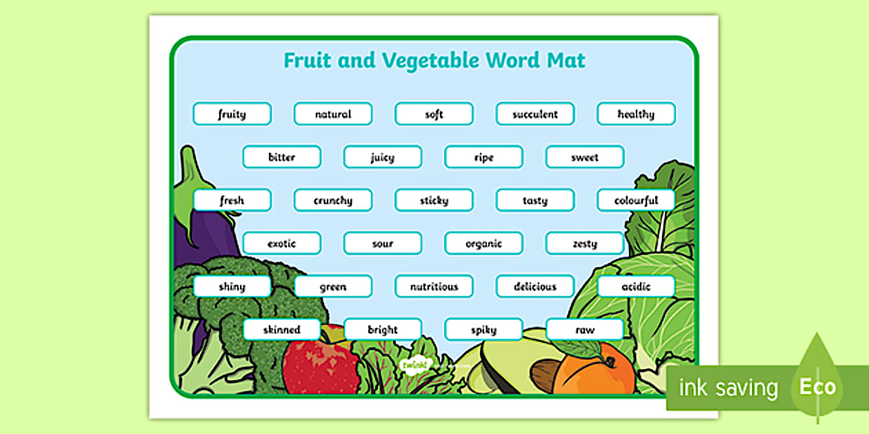 Cursive Fruit and Vegetable Descriptive Word Mat - Twinkl