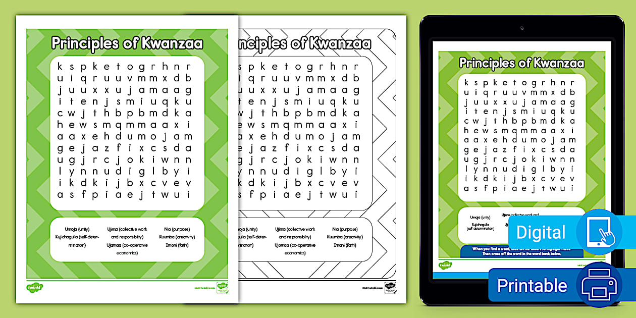 Principles of Kwanzaa Word Search - Kwanzaa - Twinkl