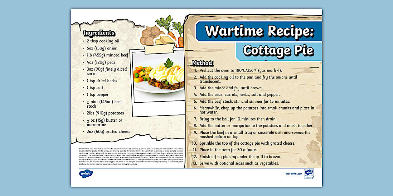 Wartime Recipe: Cottage Pie - Twinkl - KS2