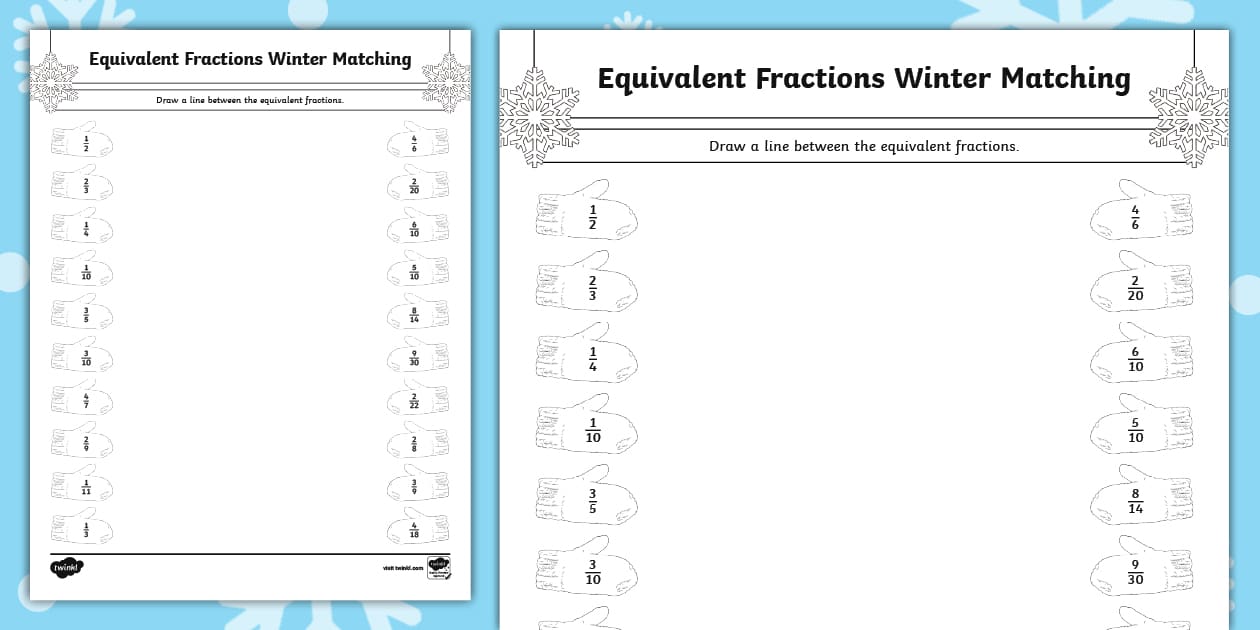 Third Grade Equivalent Fractions Winter Matching Worksheet