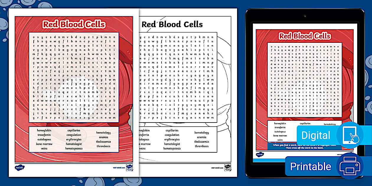Red Blood Cells Word Search for 6th-8th Grade - Twinkl