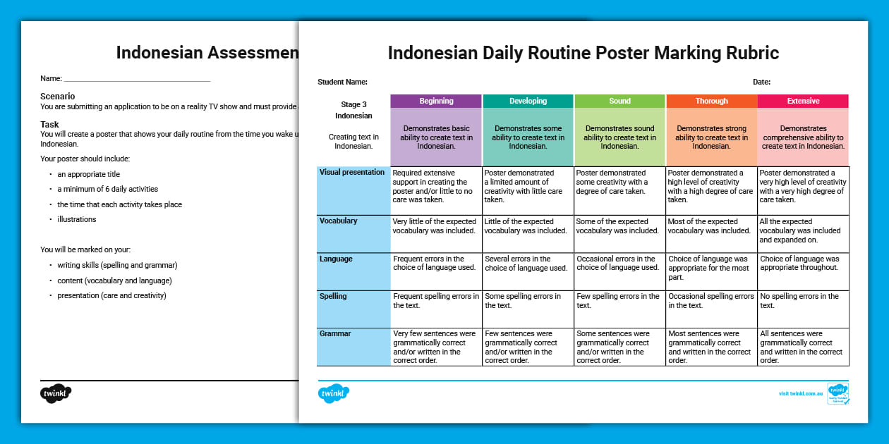 Indonesian Assessment Task with Marking Rubric - Daily Routine