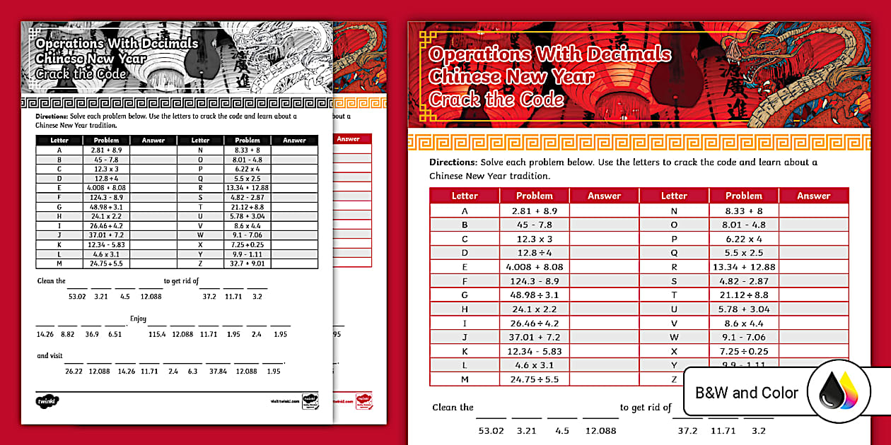 Sixth Grade Operations With Decimals Chinese New Year Crack the Code ...