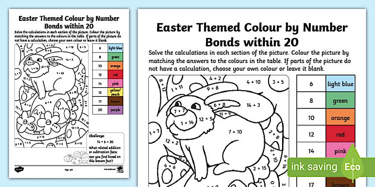 👉 Colour by Number Bonds Within 20 Easter Worksheet