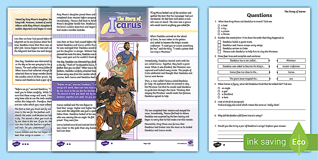 LKS2 The Story of Icarus Reading Comprehension Activity