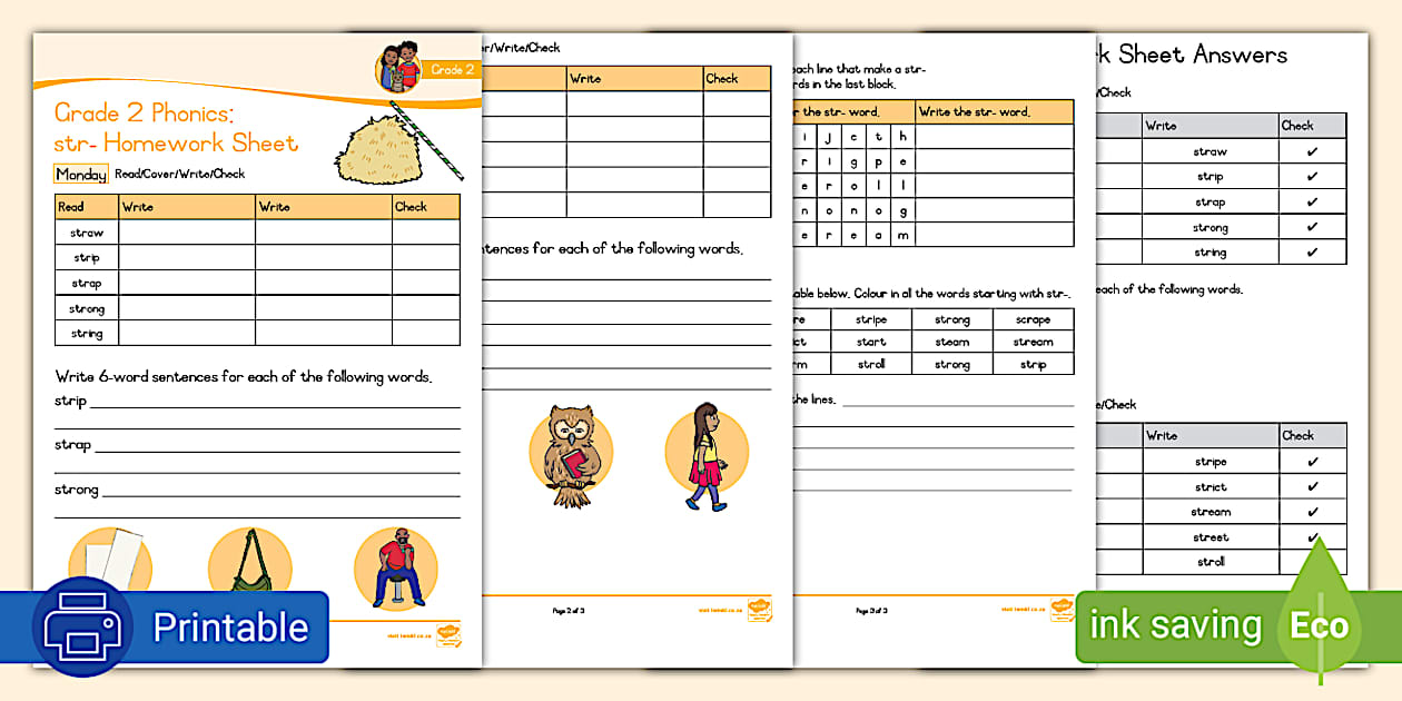 Grade 2 Phonics: str- Homework Sheet (teacher made) - Twinkl