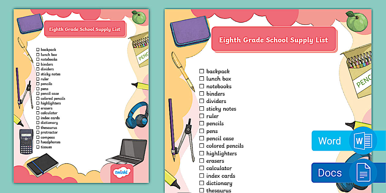 Eighth Grade Editable School Supply List (teacher made)