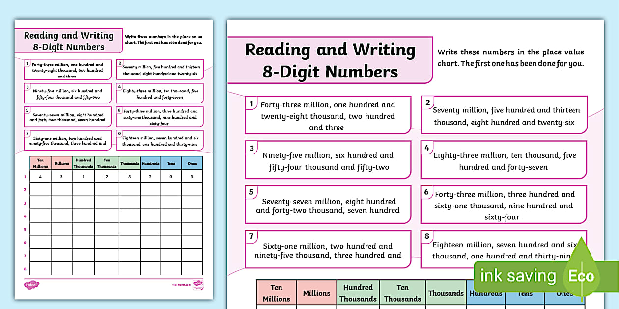 8-Digit Numbers – Place Value Reading and Writing Worksheet