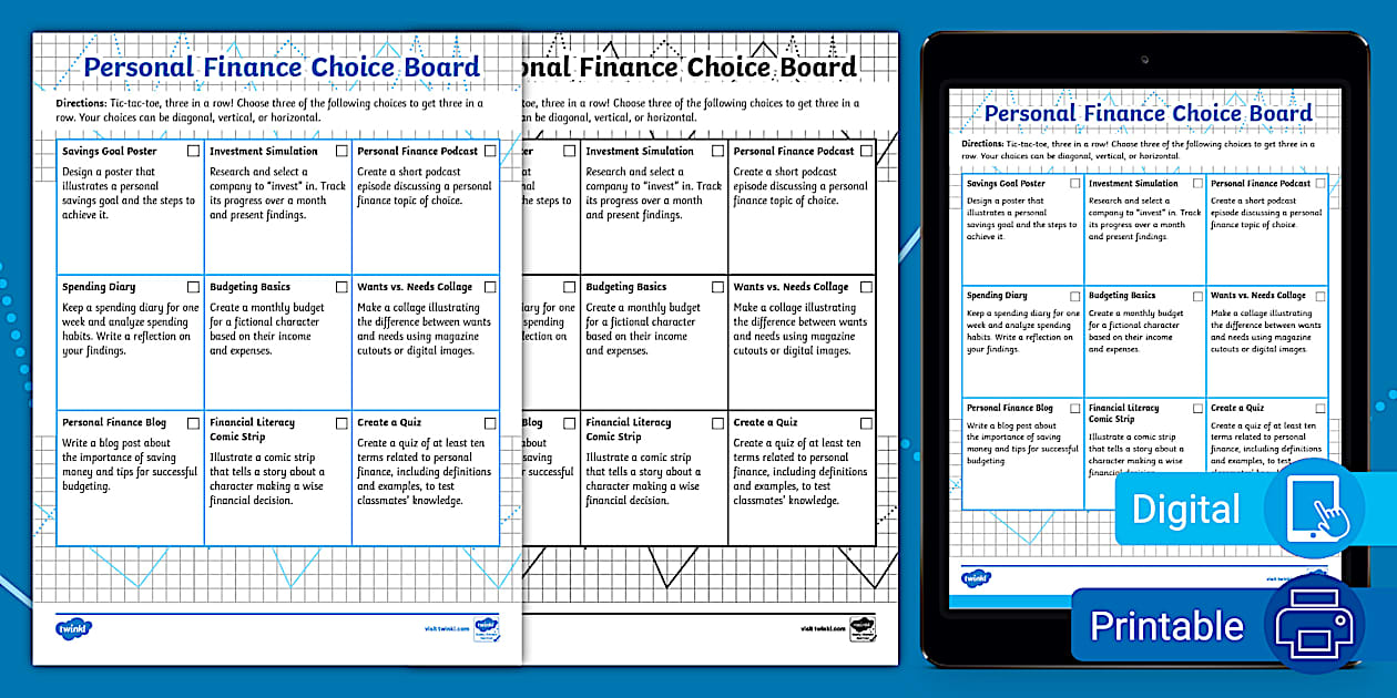 Personal Finance Choice Board for 6th-8th Grade - Twinkl