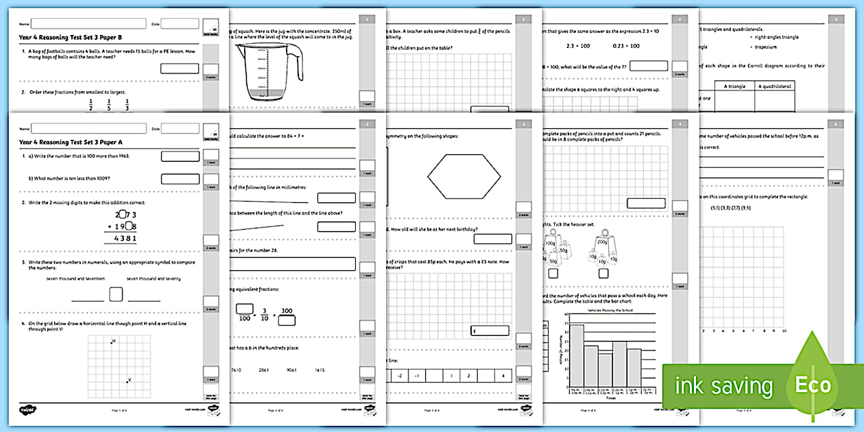 Year 4 Maths Reasoning Test Set 3 Assessment Pack and Analysis Grid
