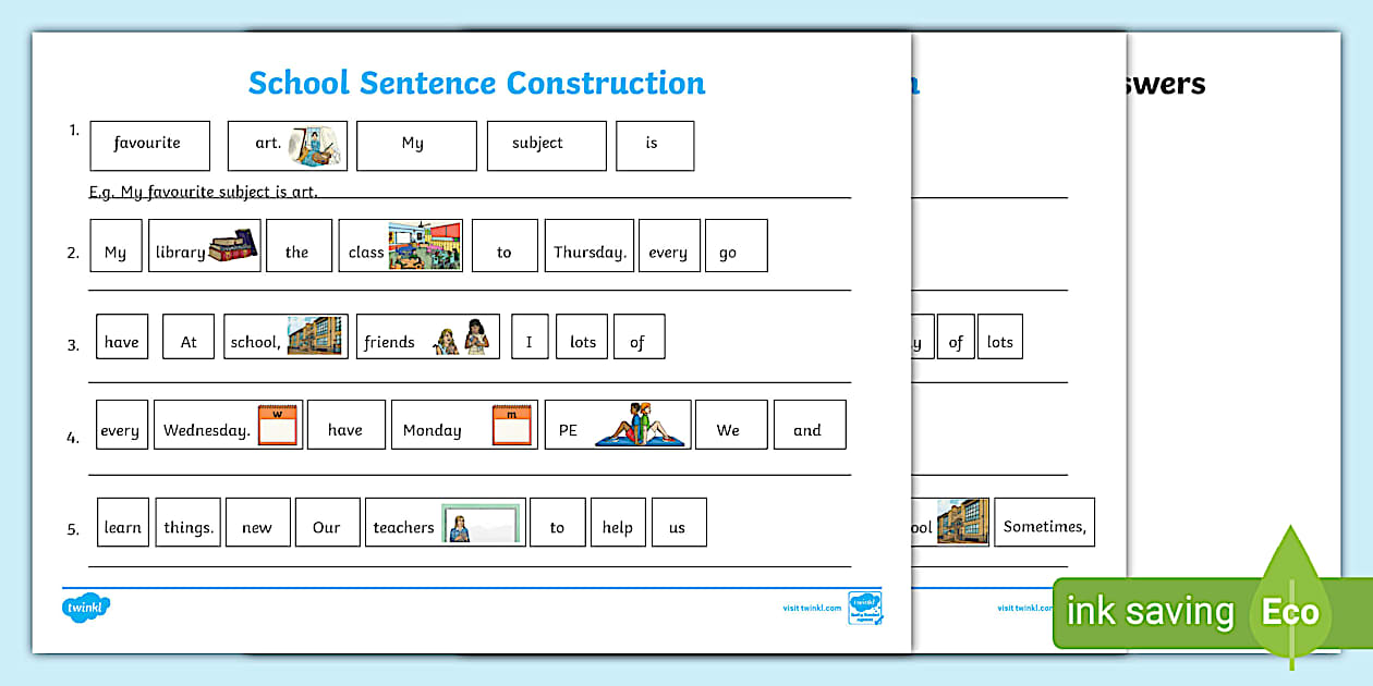 Cursive School Sentence Construction Worksheet - Twinkl