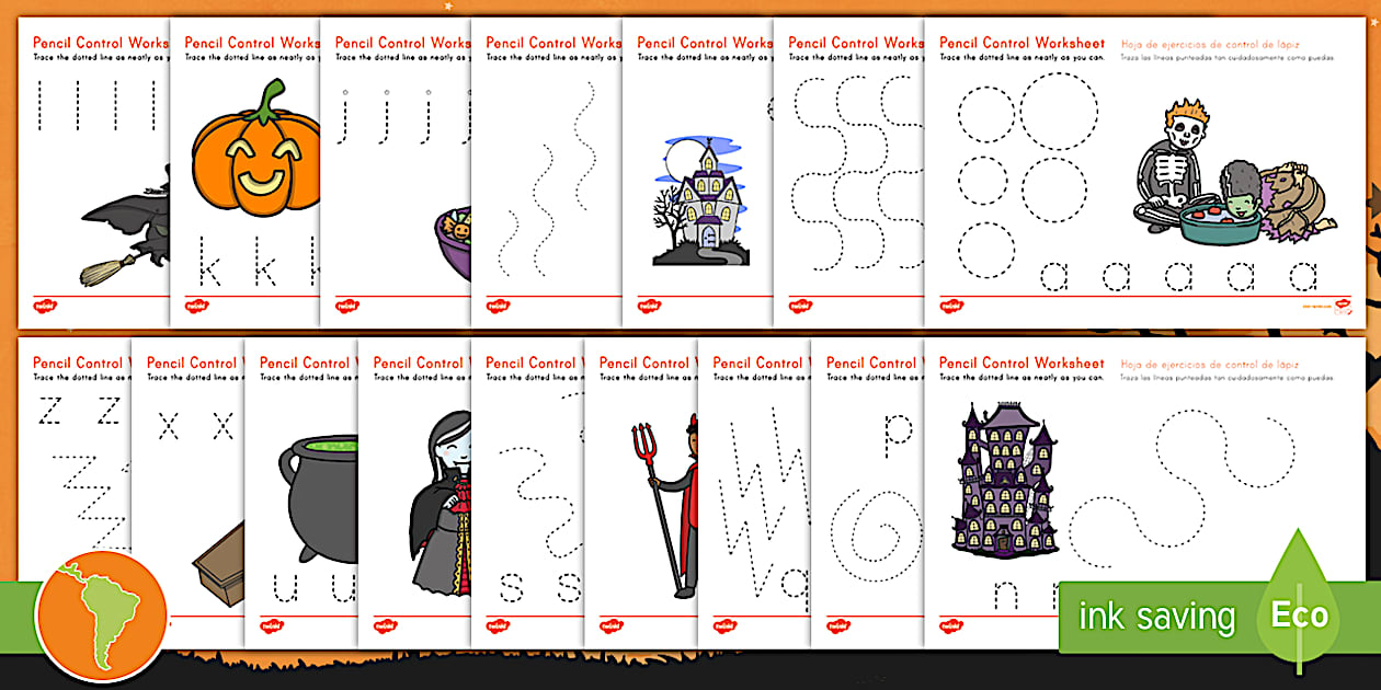 Halloween Pencil Control Worksheet / Worksheets - English/Spanish