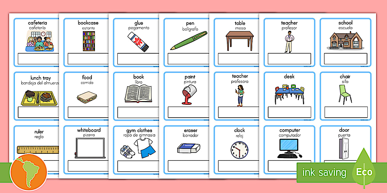 Everyday Objects at School Cards English/Spanish - Twinkl