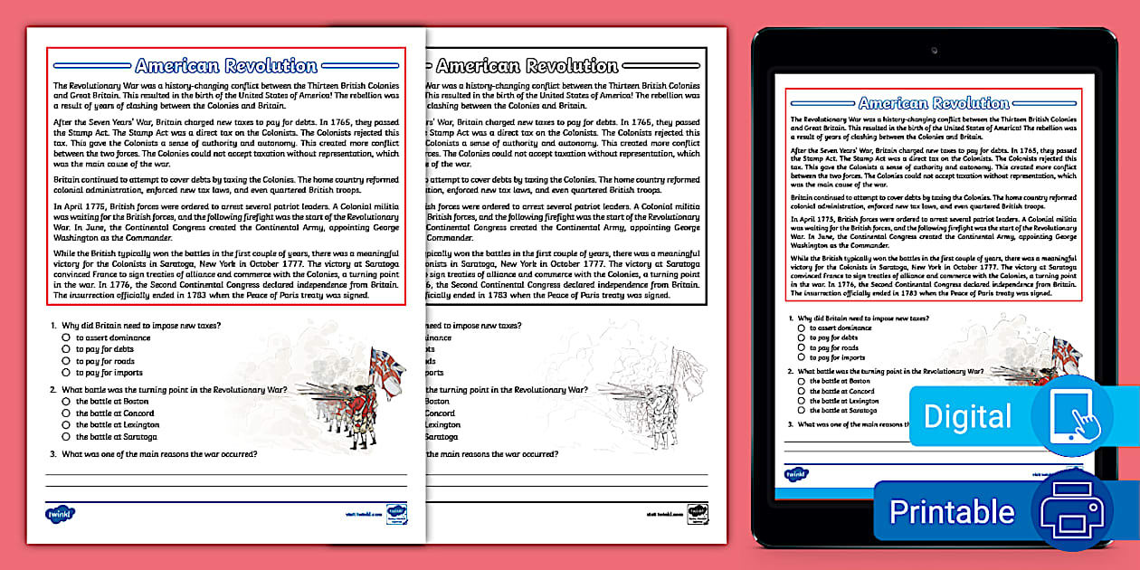 Fifth Grade American Revolution Reading Passage Worksheet