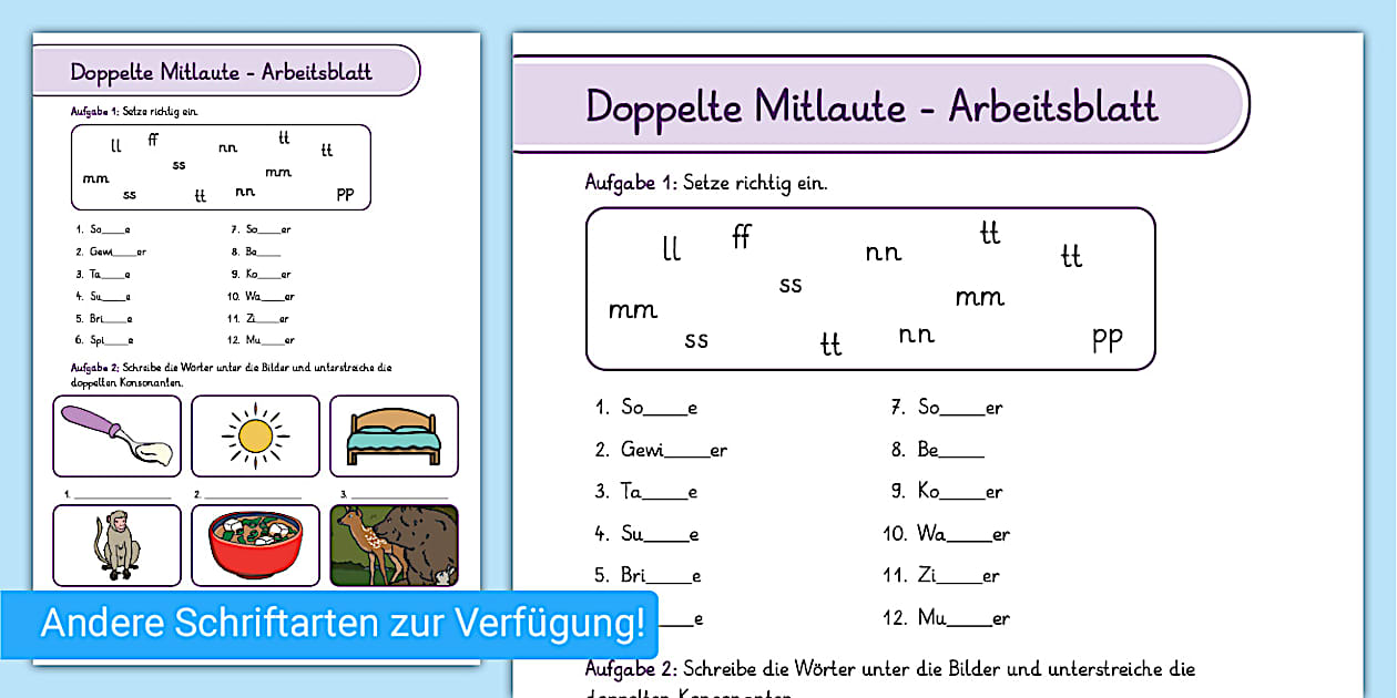 Doppelte Mitlaute - Arbeitsblatt - Twinkl