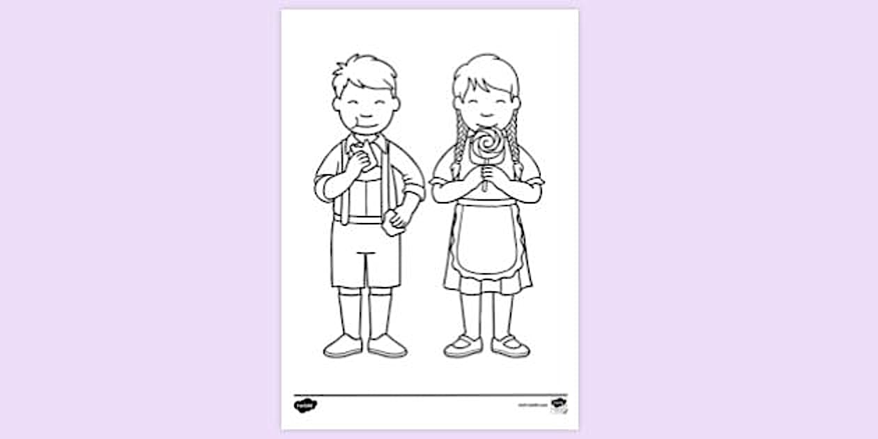 Hansel and Gretel Eating Sweets Colouring | Colouring Sheets