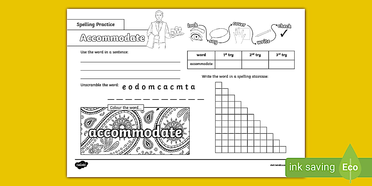 Accommodate Spelling Practice Worksheet (teacher made)