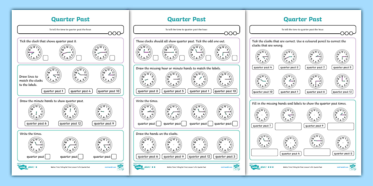👉 Differentiated Time Quarter Past Maths Activity Sheets