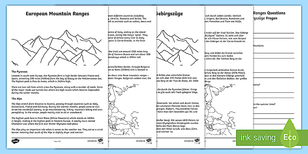 European Mountain Ranges Reading Comprehension Activity English/German