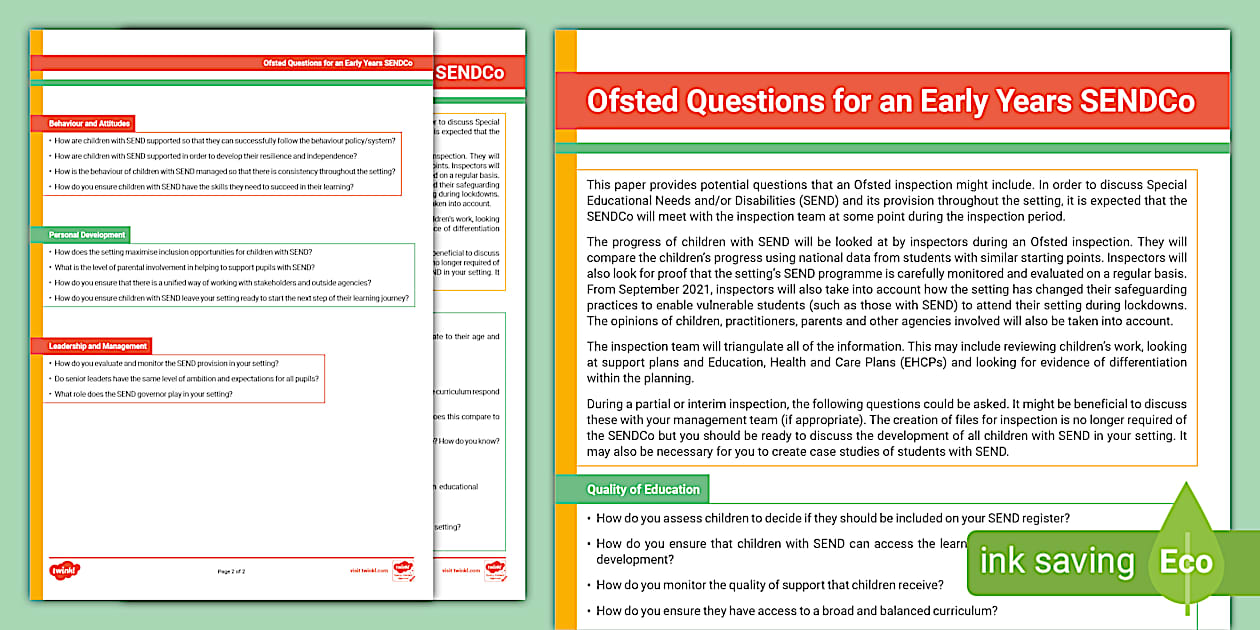 Ofsted Questions for an Early Years SENDCO - Twinkl