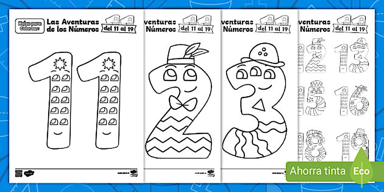 Hojas de Colorear Las Aventuras de los Números del 11 al 19