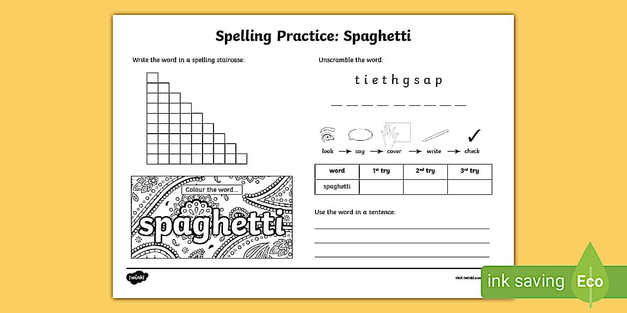 Spaghetti Spelling Practice Worksheet (teacher made)