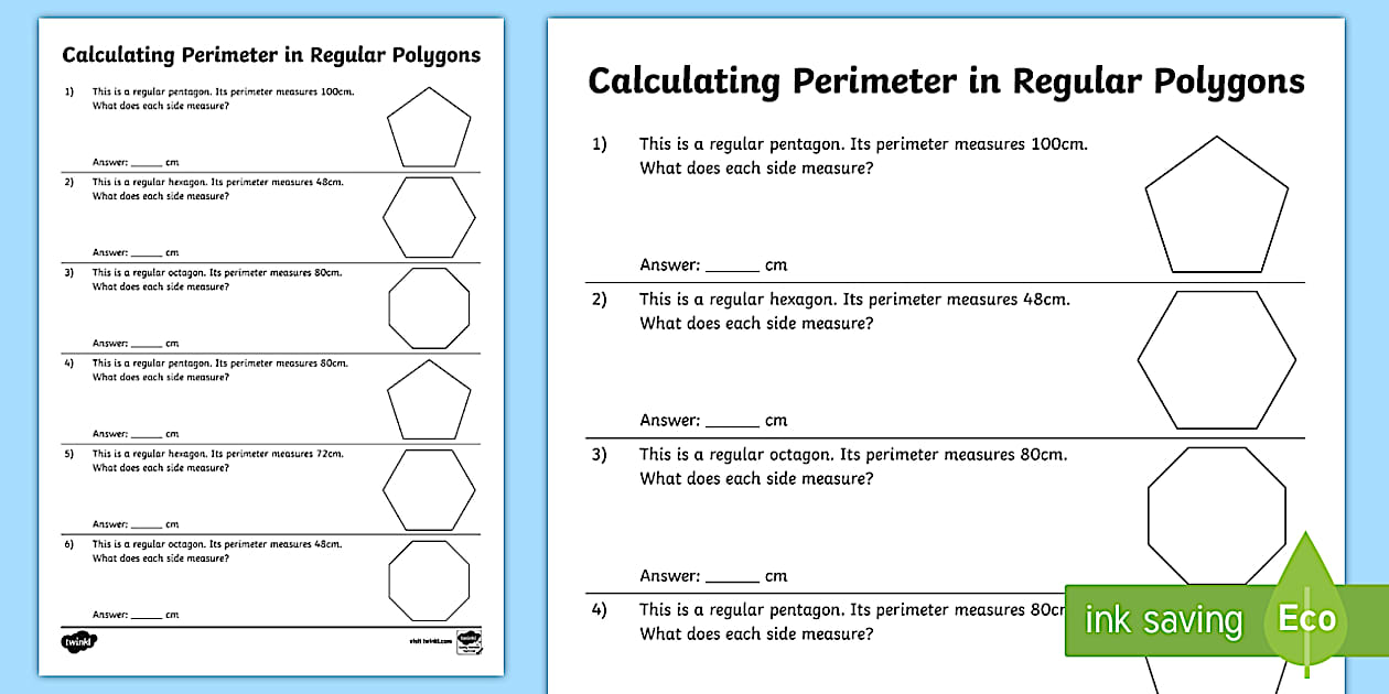 Calculating Perimeter of Shapes Worksheet (Regular Polygons)