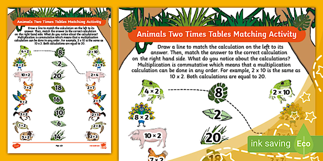 Two Times Table Animals Matching Activity - Twinkl