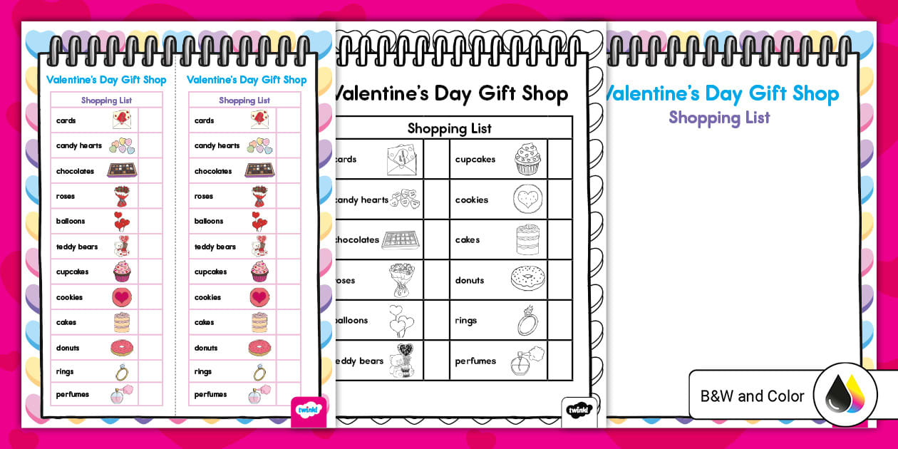 Valentine's Day Gift Shop Dramatic Play Shopping List