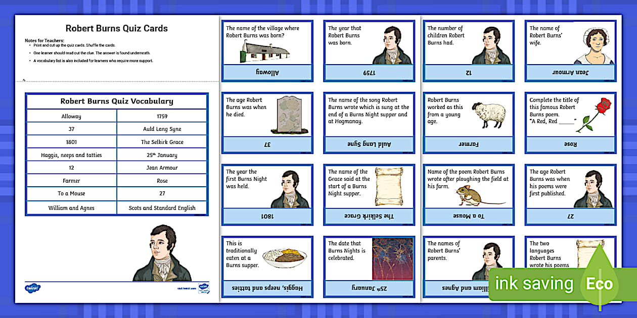 Robert Burns Quiz Cards (teacher made) - Twinkl
