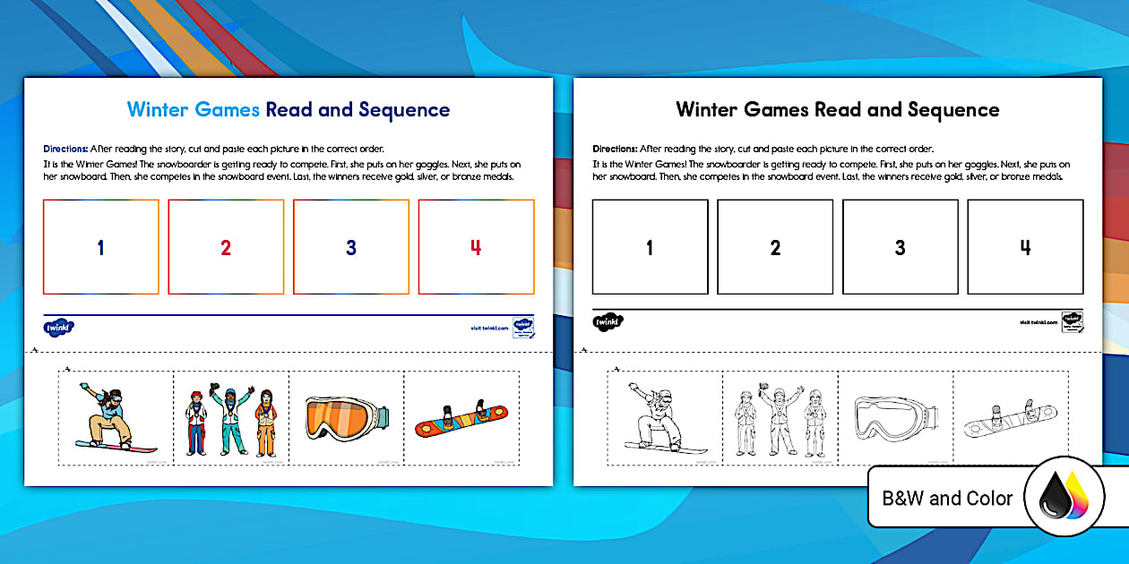 Winter Games Read and Sequence Cut and Paste Worksheet for K-2nd Grade