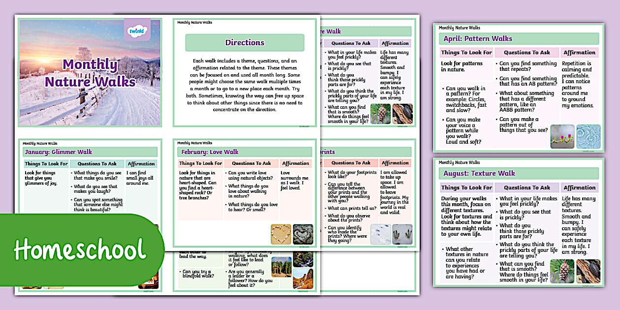 Monthly Mindful Nature Walks 12-Months Card Set - Twinkl