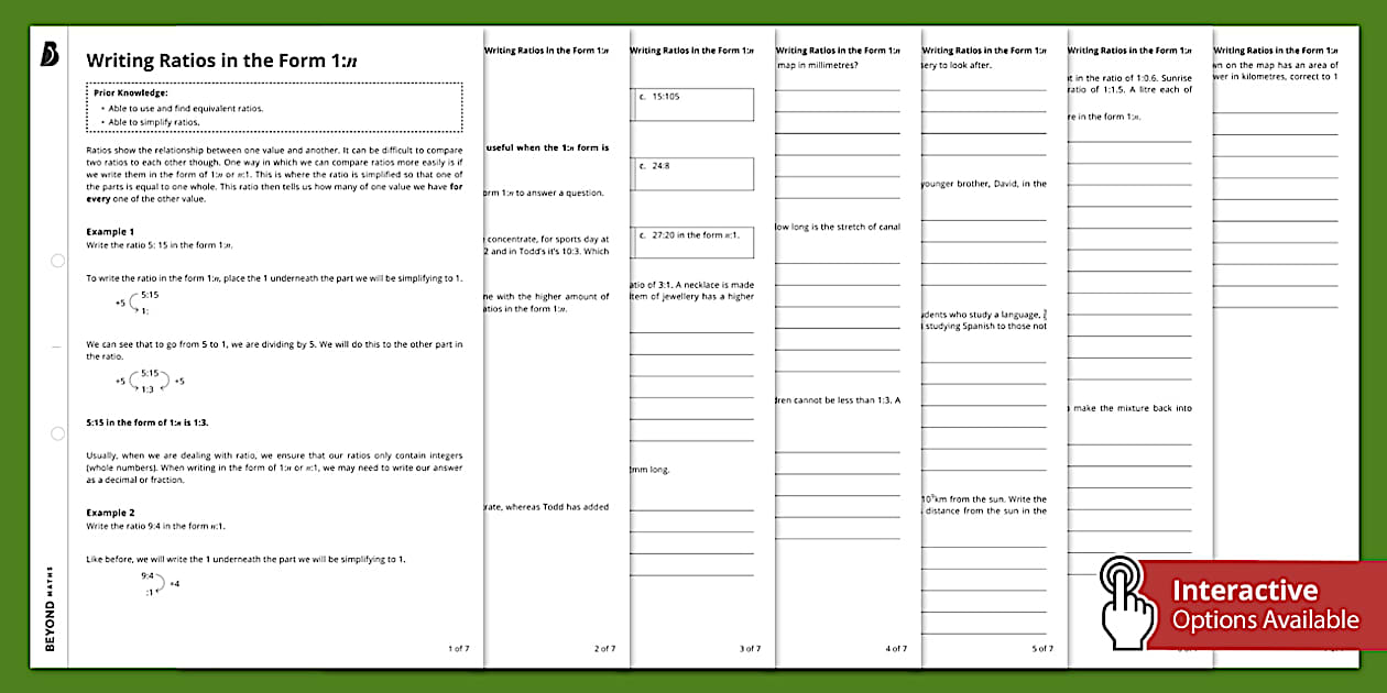 👉 Writing Ratios in the Form 1:n Worksheet | KS3 Maths | Beyond