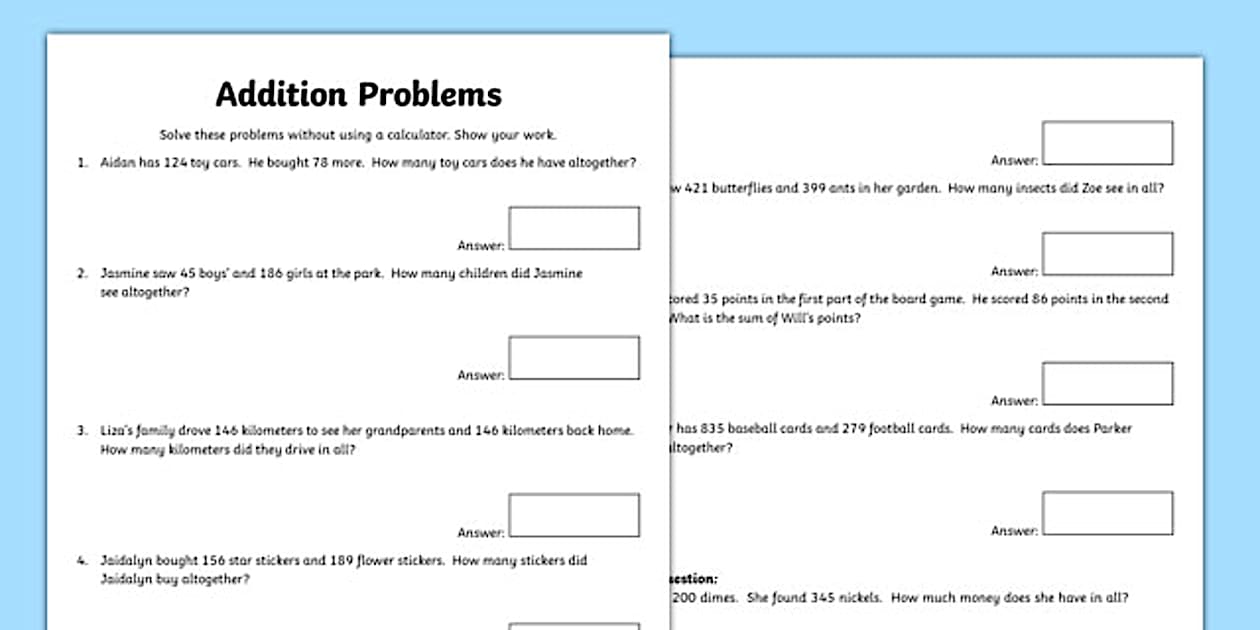 Editable Addition Word Problems Worksheet (teacher made)