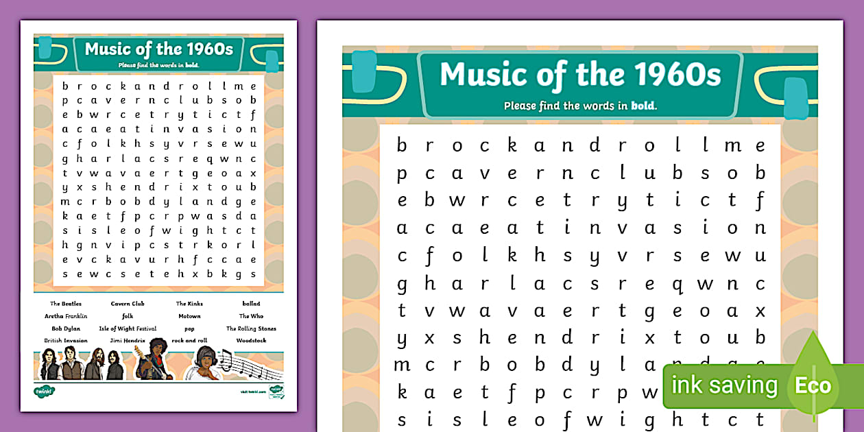 Music of the 1960s Word Search - Twinkl - KS2 (teacher made)