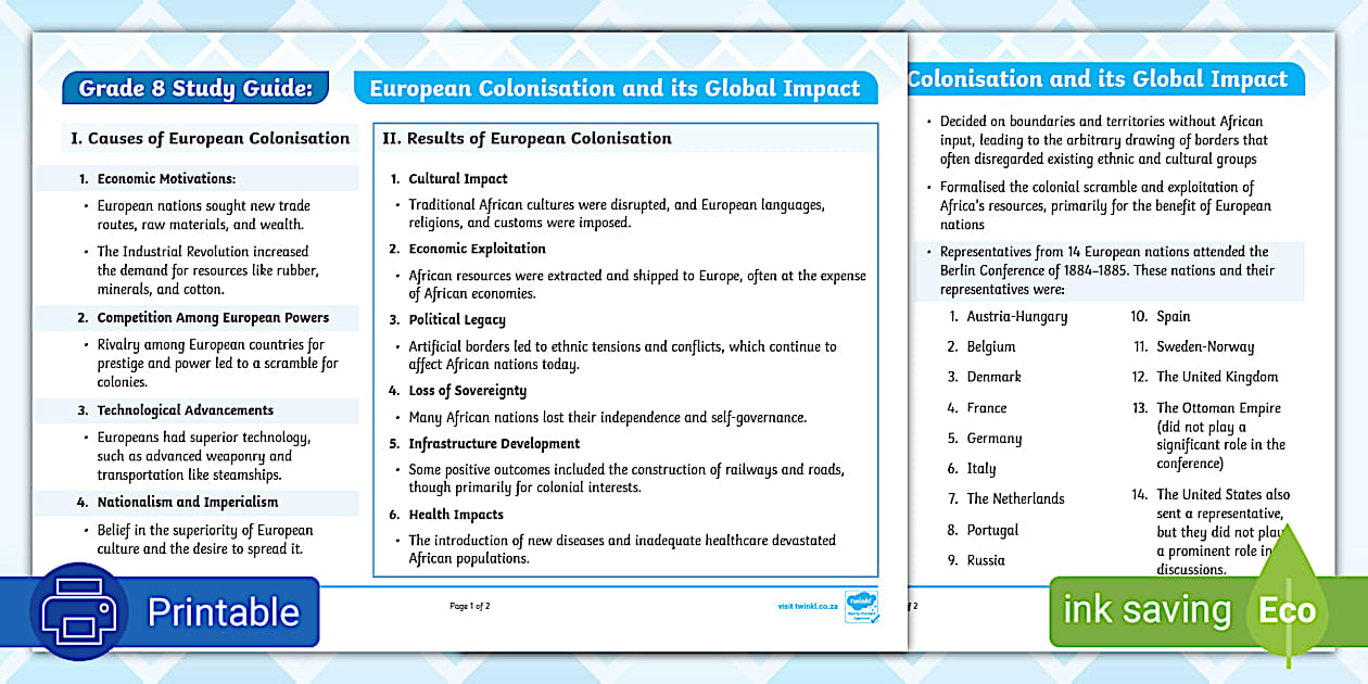 Grade 8 Study Guide: European Colonisation and Global Impact