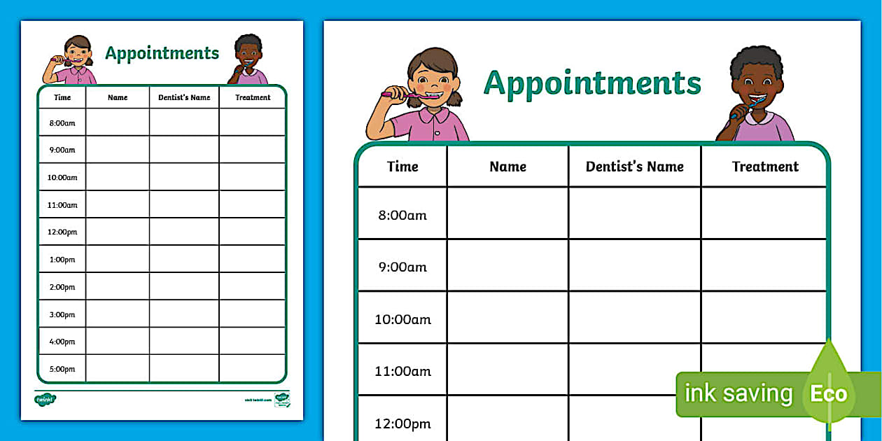 Cursive Dentists/Dental Surgery Appointment Sheet - Twinkl