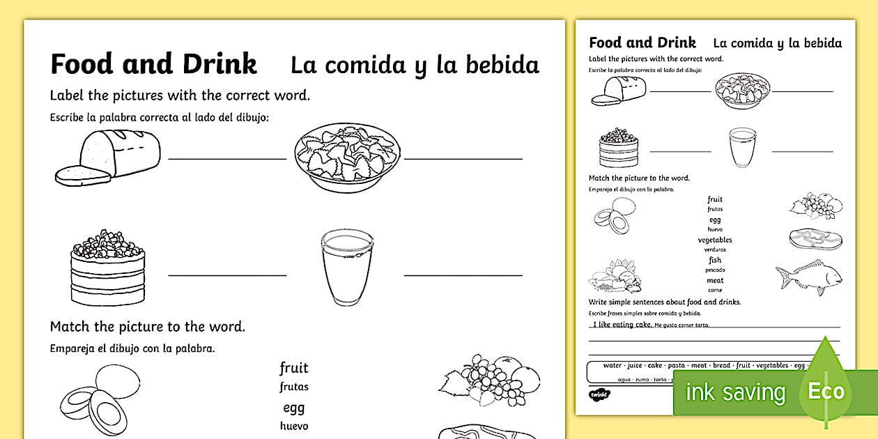 Food and Drink Worksheet / Worksheet English/Spanish