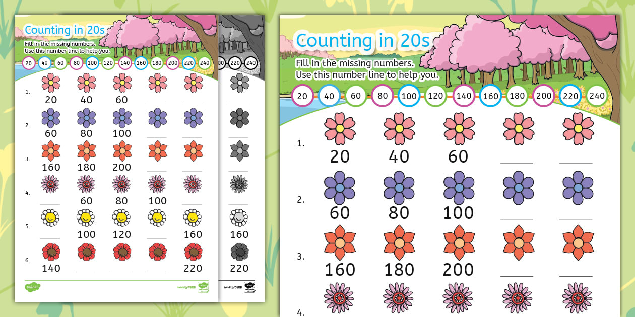 Spring-Themed Counting in 20s Worksheet (Teacher-Made)