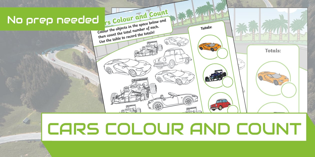 * NEW * Cars Colour and Count Worksheet - Twinkl