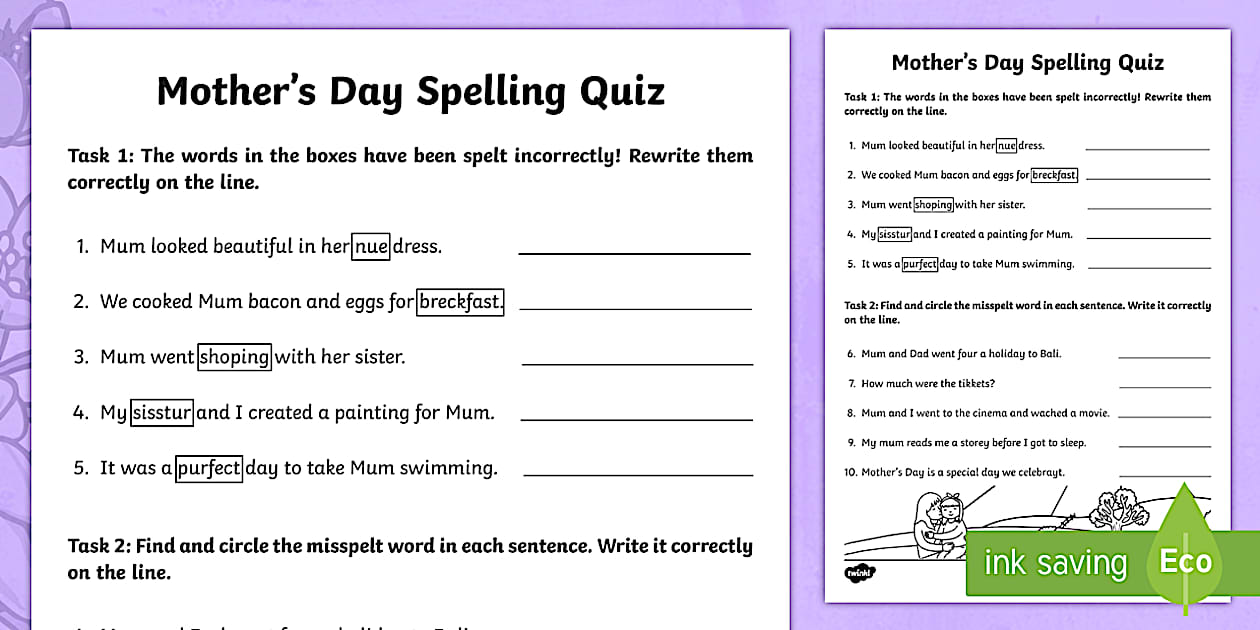 NSW Mother's Day Spelling Quiz Worksheet (teacher made)