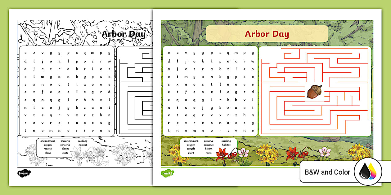 Arbor Day Word Search and Maze for 3rd-5th Grade - Twinkl