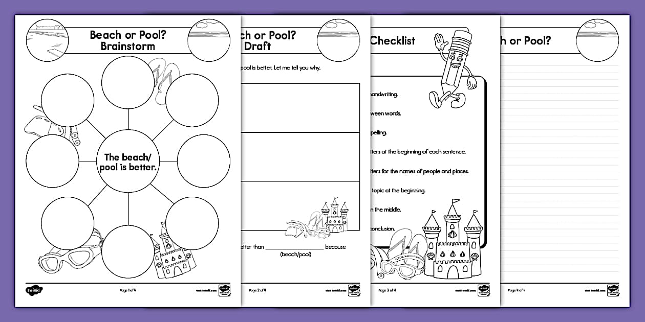 First Grade Beach or Pool Opinion Writing Prompt Activity Worksheet