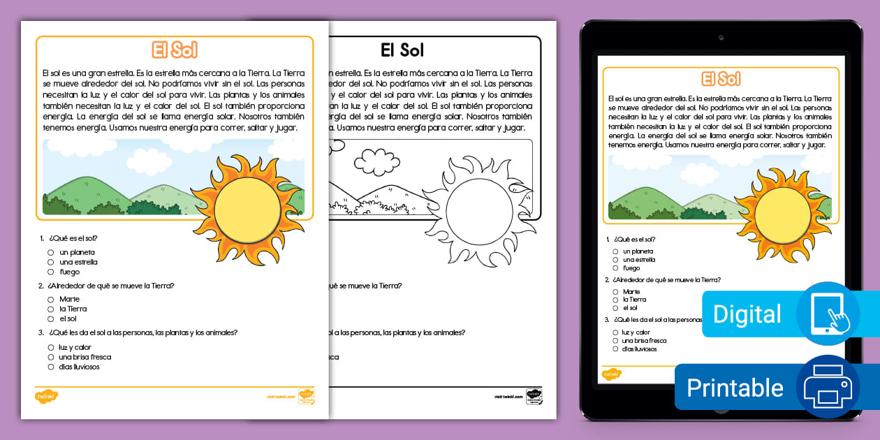 Actividad de comprensión de lectura de primer grado: El Sol