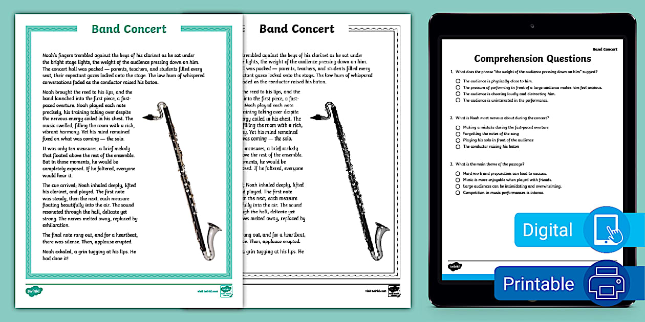 Seventh Grade Band Concert Reading Passage Comp Worksheet