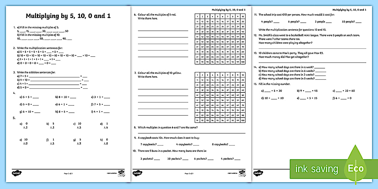 Multiplying by 5, 10, 1 and 0 Worksheets (teacher made)